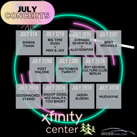 2023 July Xfinity Center Concerts | WebbTrans.com